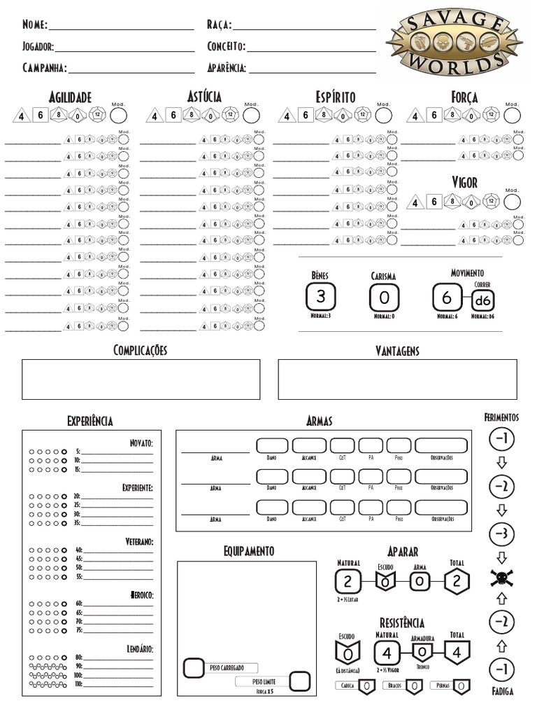 Savage Worlds Ficha de Personagem Editavel | Lazer | Esportes