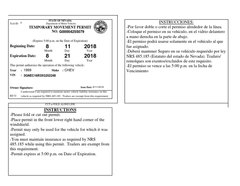Temporary Movement Permit NO.: Instructions | PDF | Business | Finance ...