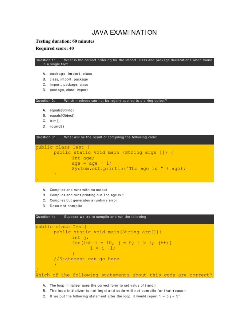 Java Examination Include Answer C Programming Language Class Computer Programming