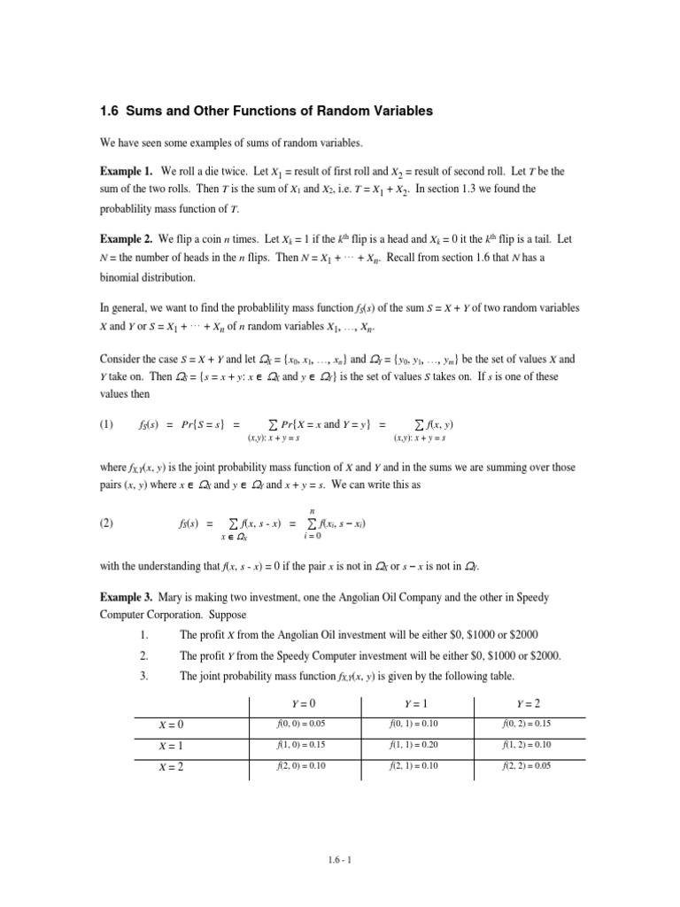1 6 Sums And Other Functions Of Random Variables Example 1 We Roll A Die Twice Let X Pdf