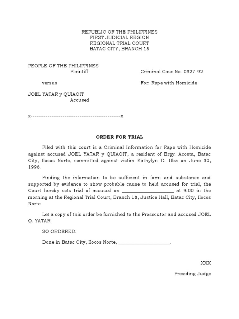 Trial Order for Rape with Homicide Case | PDF | Law