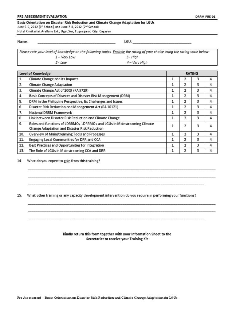DRRM Pre Evaluation Form | PDF | Disaster Risk Reduction | Risk