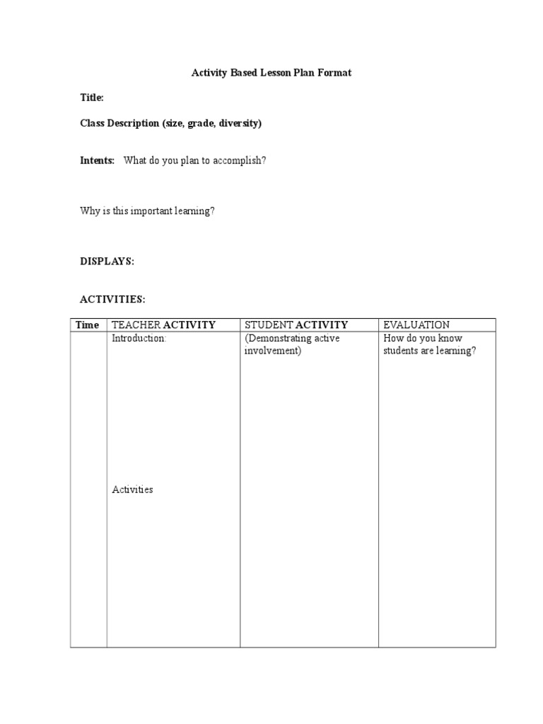 Activity Based Lesson Plan Format Title: Class Description (Size, Grade ...