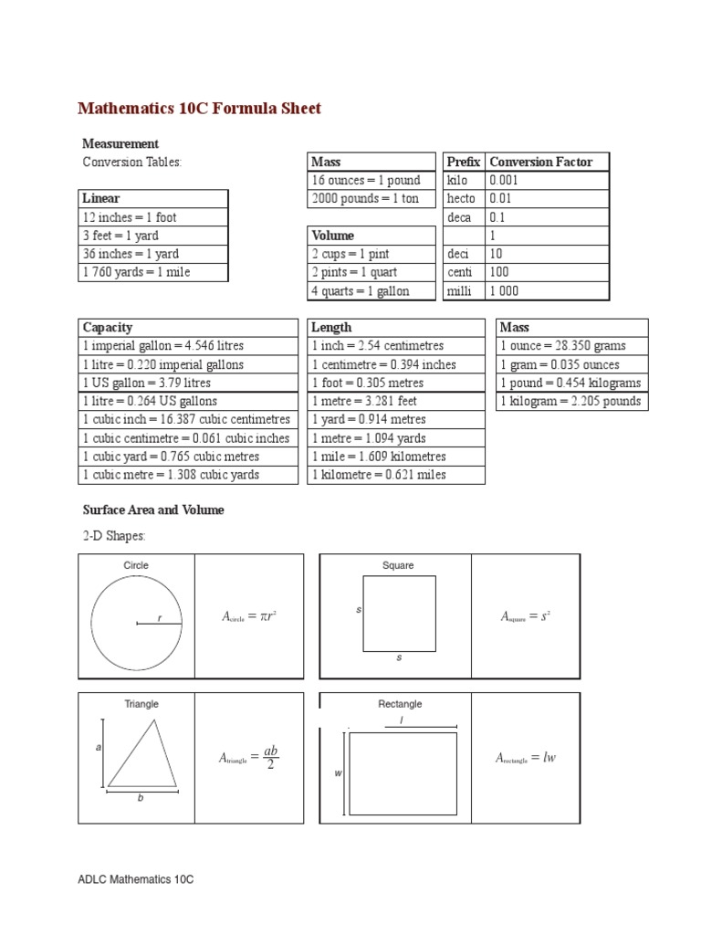 Mathematics 10C Formula Sheet | PDF