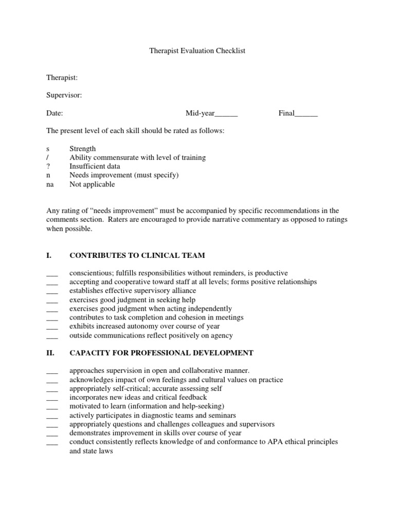 Therapist Evaluation Checklist | PDF | Psychotherapy | Medical Diagnosis