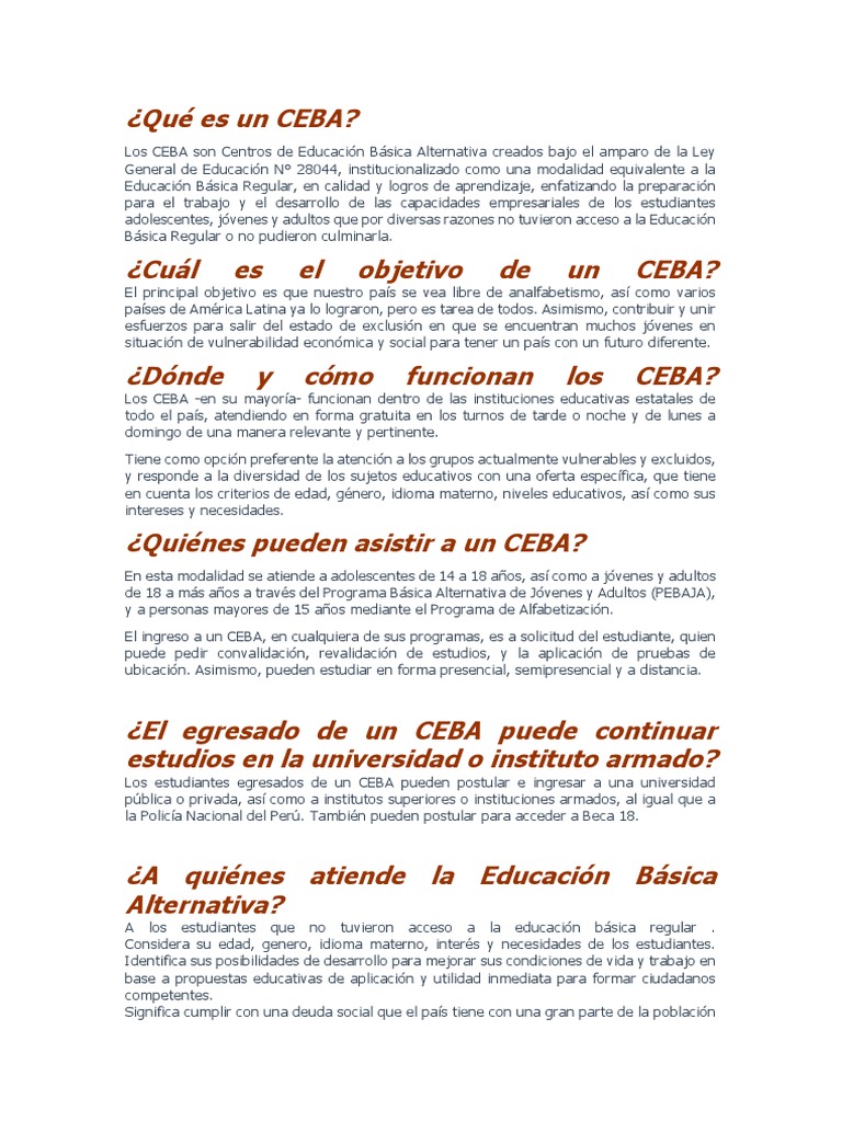 Qué Es Un CEBA | PDF | Educación primaria | Adultos