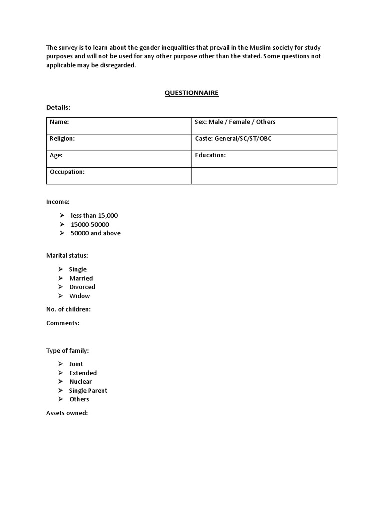 Questionnaire | PDF | Women In Islam | Hijab