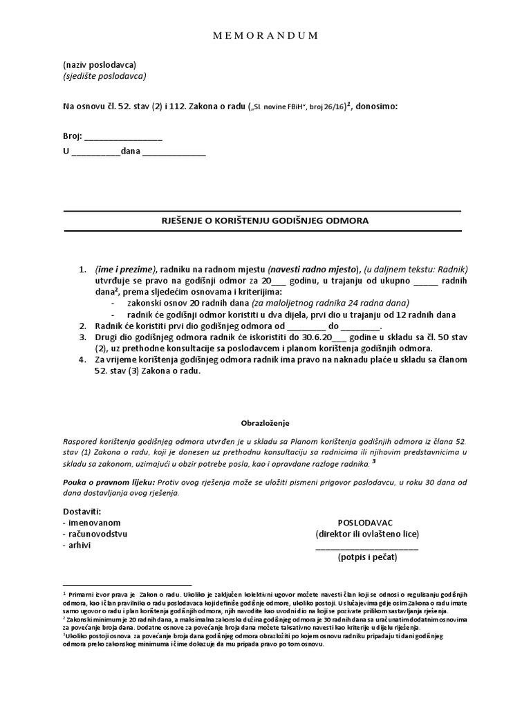 Rješenje o Godišnjem Odmoru | PDF