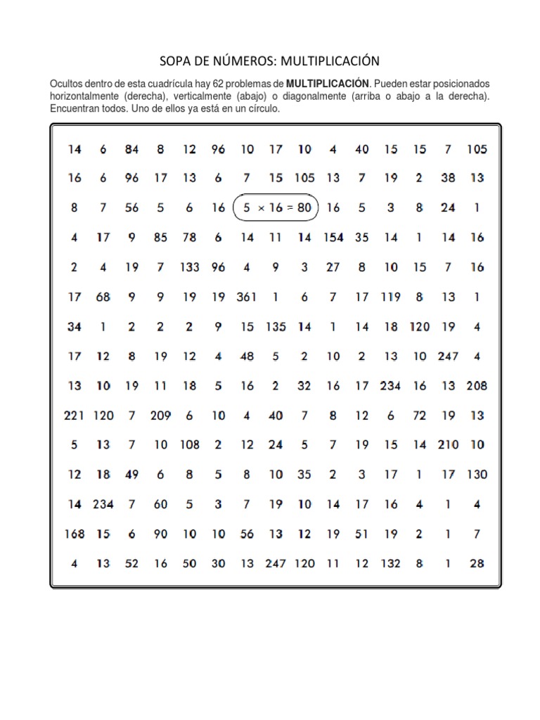 Sopa de Números: Multiplicaciones | PDF