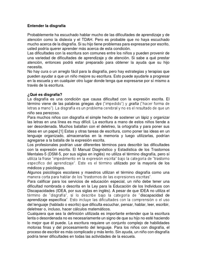Que Es La Disgrafia | PDF | Dislexia | Desorden hiperactivo y deficit de atencion