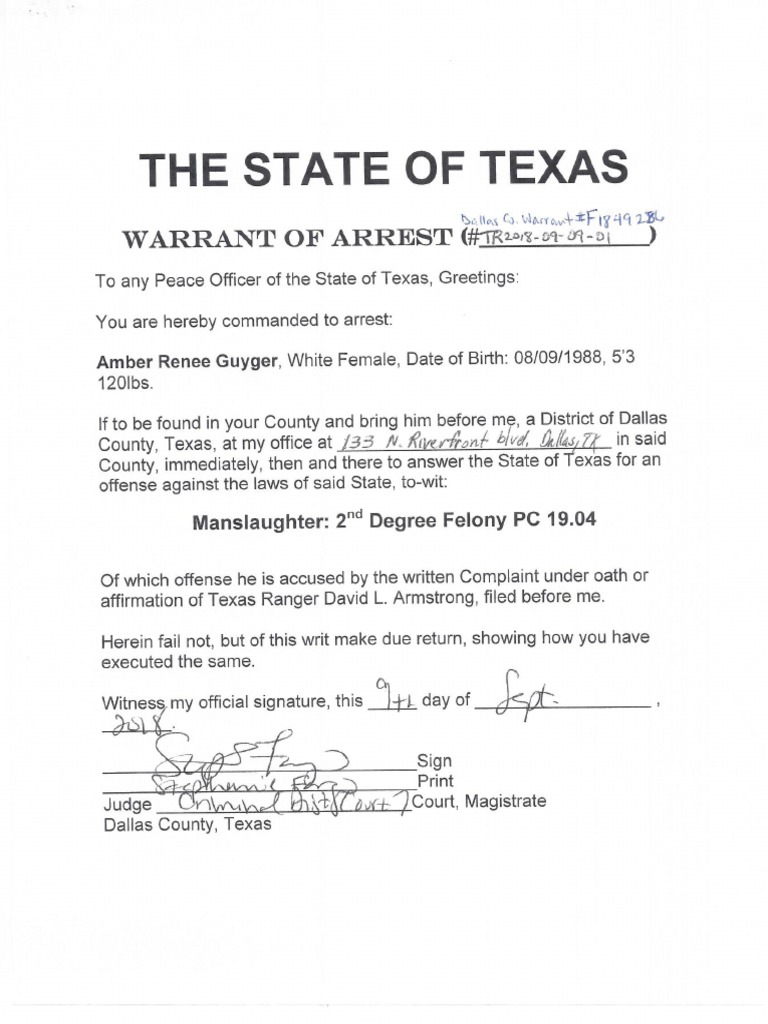 Full Arrest Warrant Affidavit For Dallas Police Officer Amber Guyger | PDF