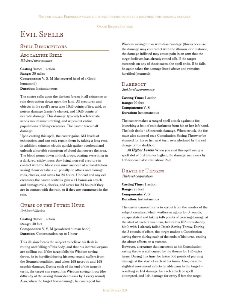 Evil Spells: Spell Descriptions Apocalypse Spell | PDF | Nature
