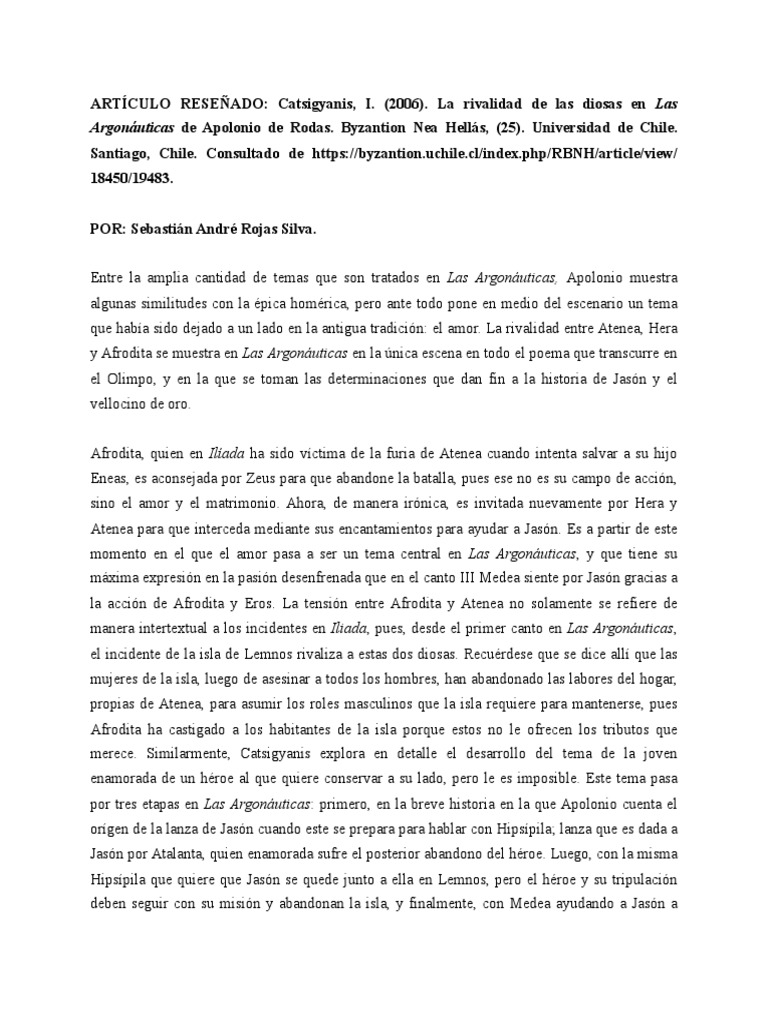 Reseña De: La Rivalidad de Las Diosas en Las Argonáuticas de Apolonio ...