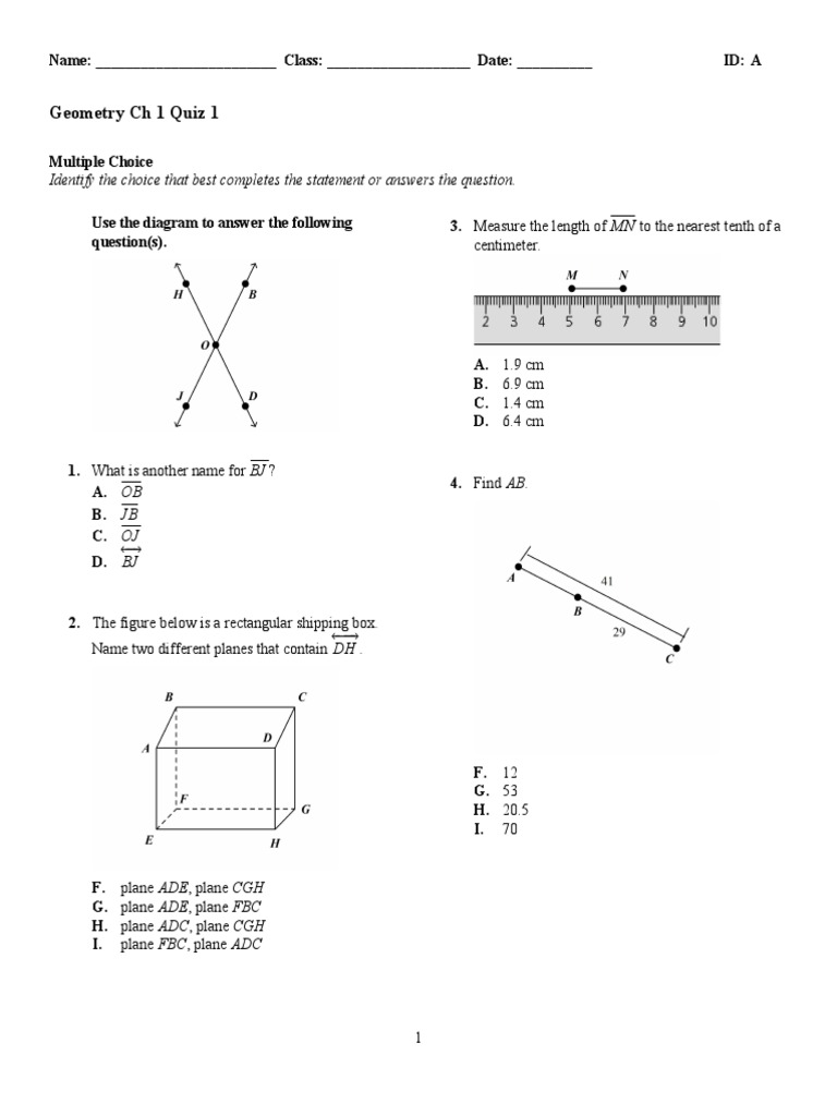 Geometry CH 1 Quiz 1 18-19 | Download Free PDF | Classical Geometry ...