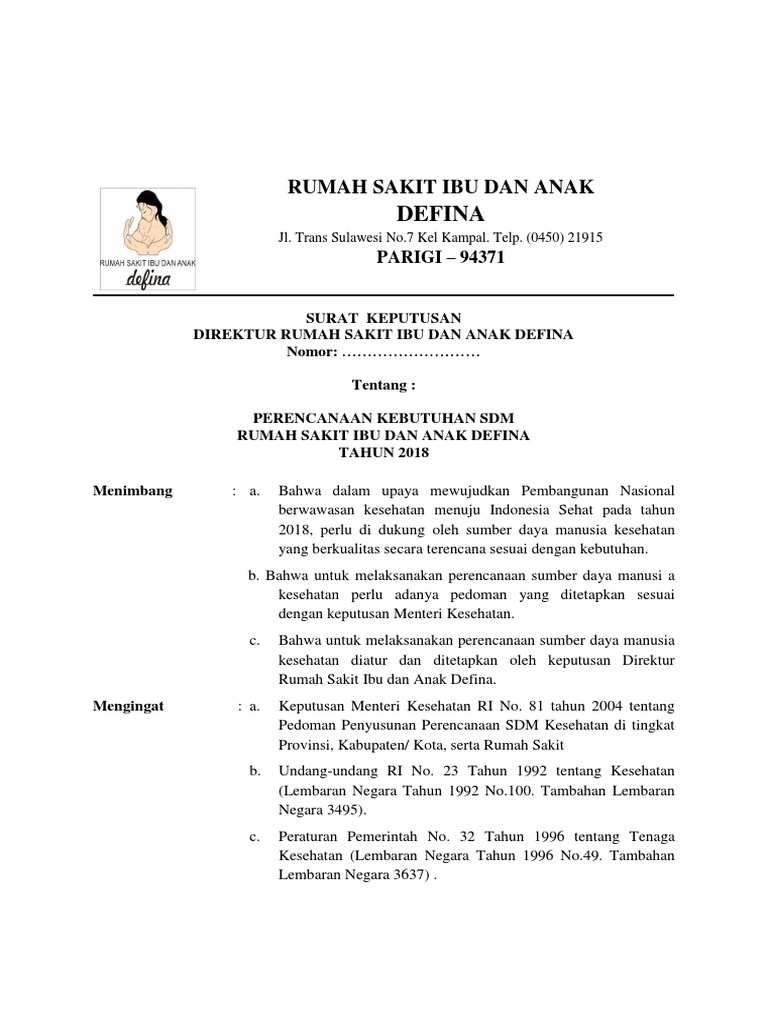 SK Perencanaan Kebutuhan SDM Rsia Defina | PDF