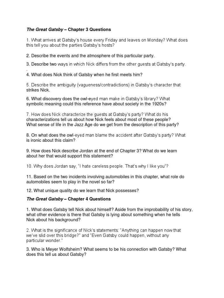 Great Gatsby Chapter 3-5 Study Questions | PDF | The Great Gatsby