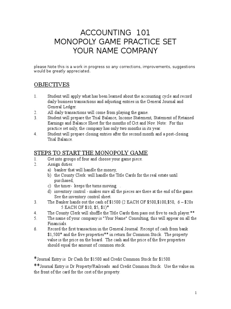 Accounting 101 Monopoly Game Practice Set Your Name Company | PDF ...