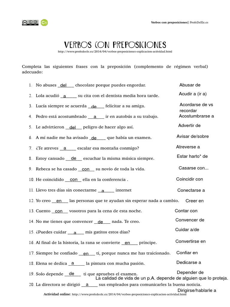 Ficha Verbos Con Preposiciones | PDF