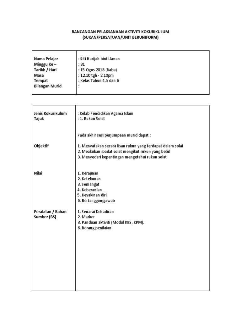 RPH Pelaksanaan Aktiviti Kokurikulum | PDF