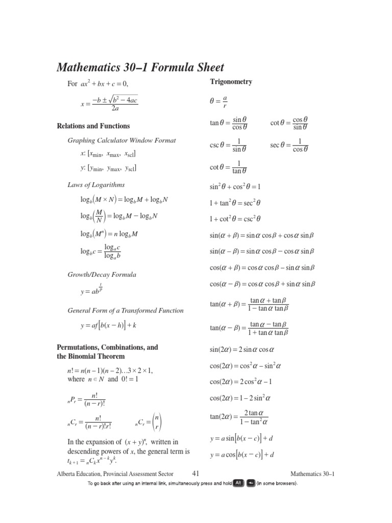 Math 30-1 Formula Sheet | Logarithm | Trigonometric Functions