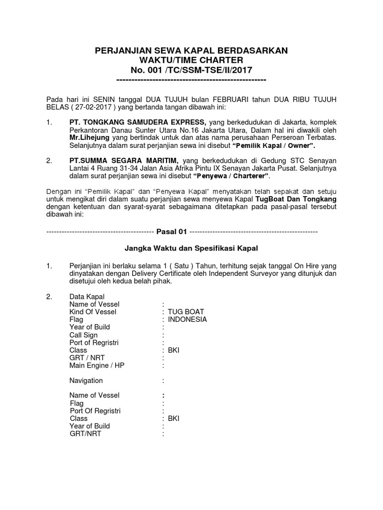 Time Charter Agreement for Tugboat and Barge | PDF