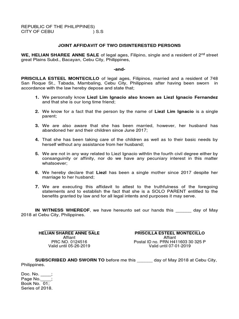 Affidavit 2 Disinterested Person-soloparent 2018