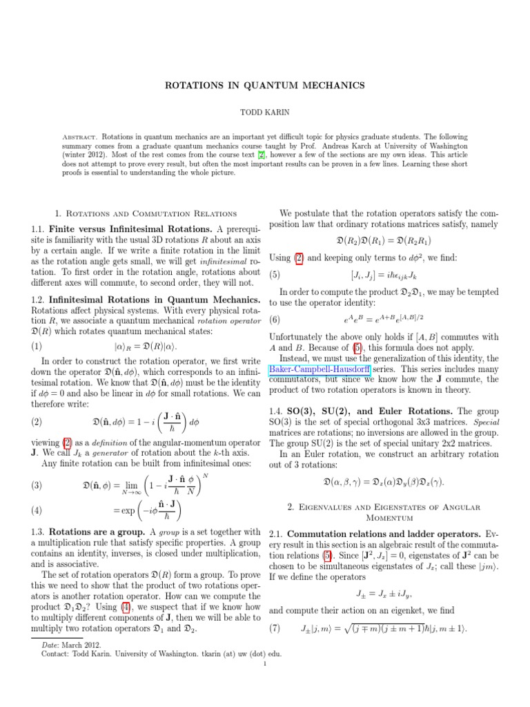 Aqm - Rotations in Quantum Mechanics PDF | PDF | Rotation | Vector Space