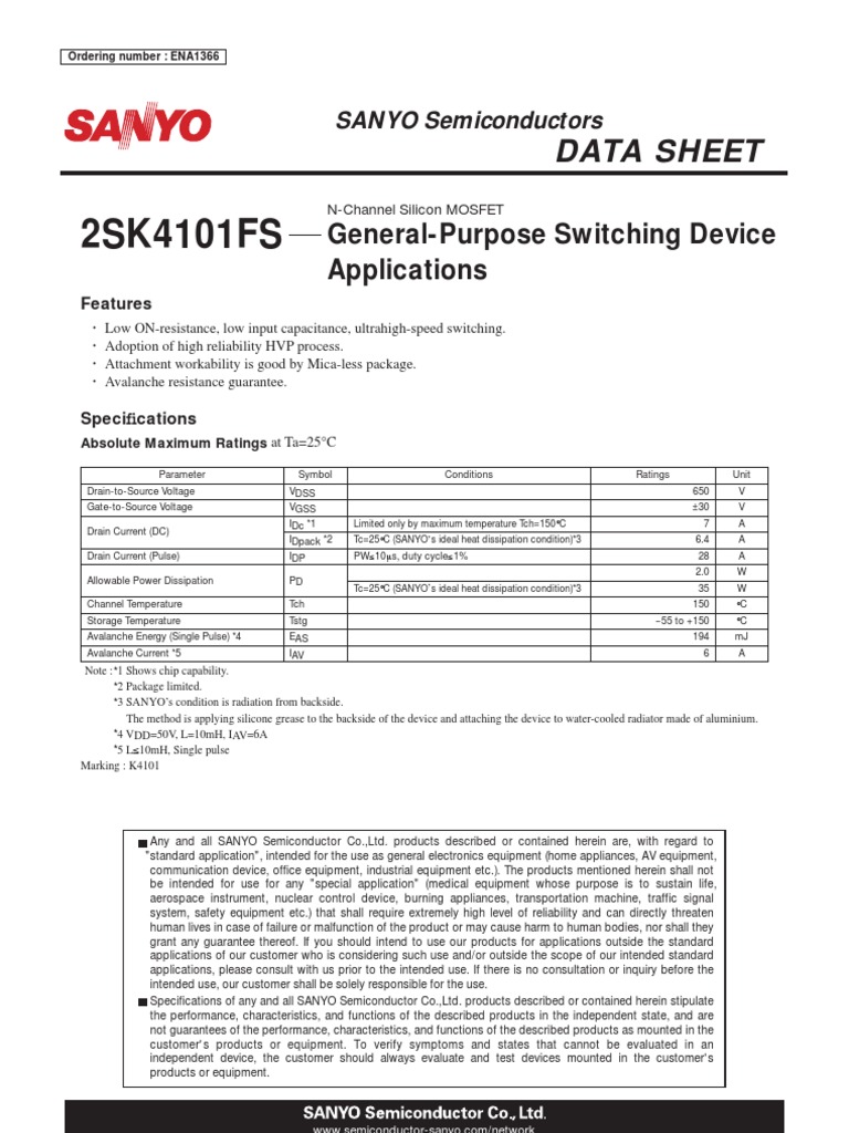 2SK4101FS MOSFET Datasheet | PDF | Field Effect Transistor | Electrical ...
