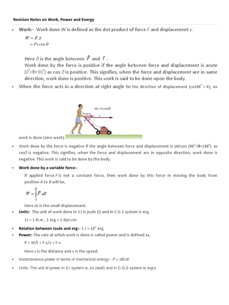 Work:-Work Done W Is Defined As The Dot Product of Force F and ...