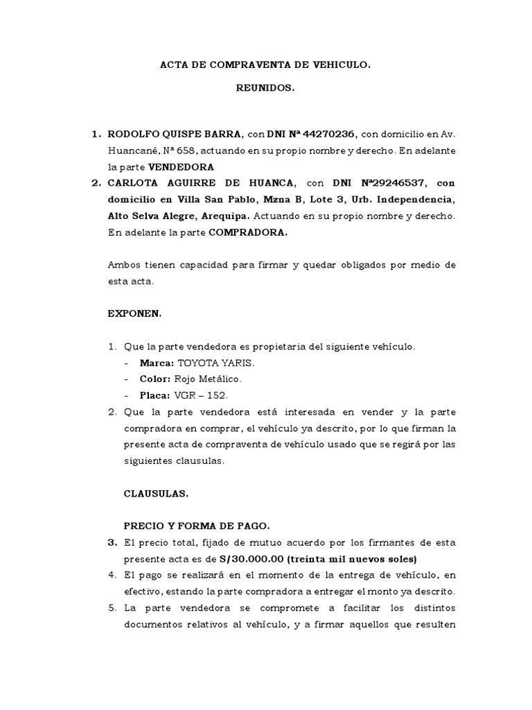 Acta de Compraventa de Vehiculo | PDF