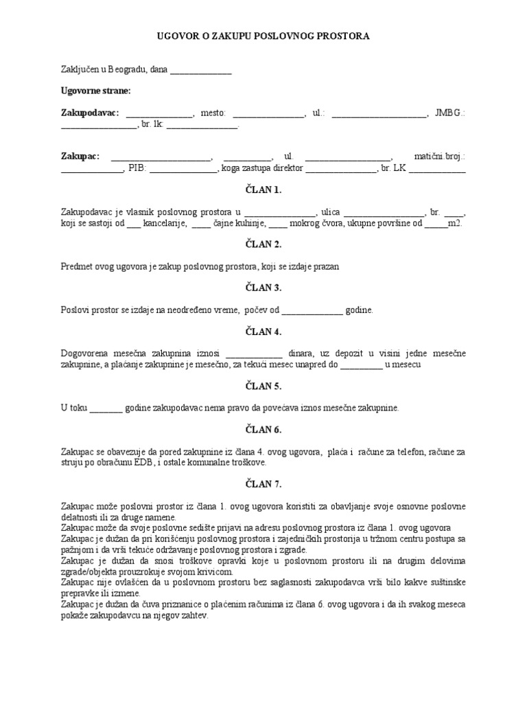 Ugovor o Zakupu Poslovnog Prostora | PDF