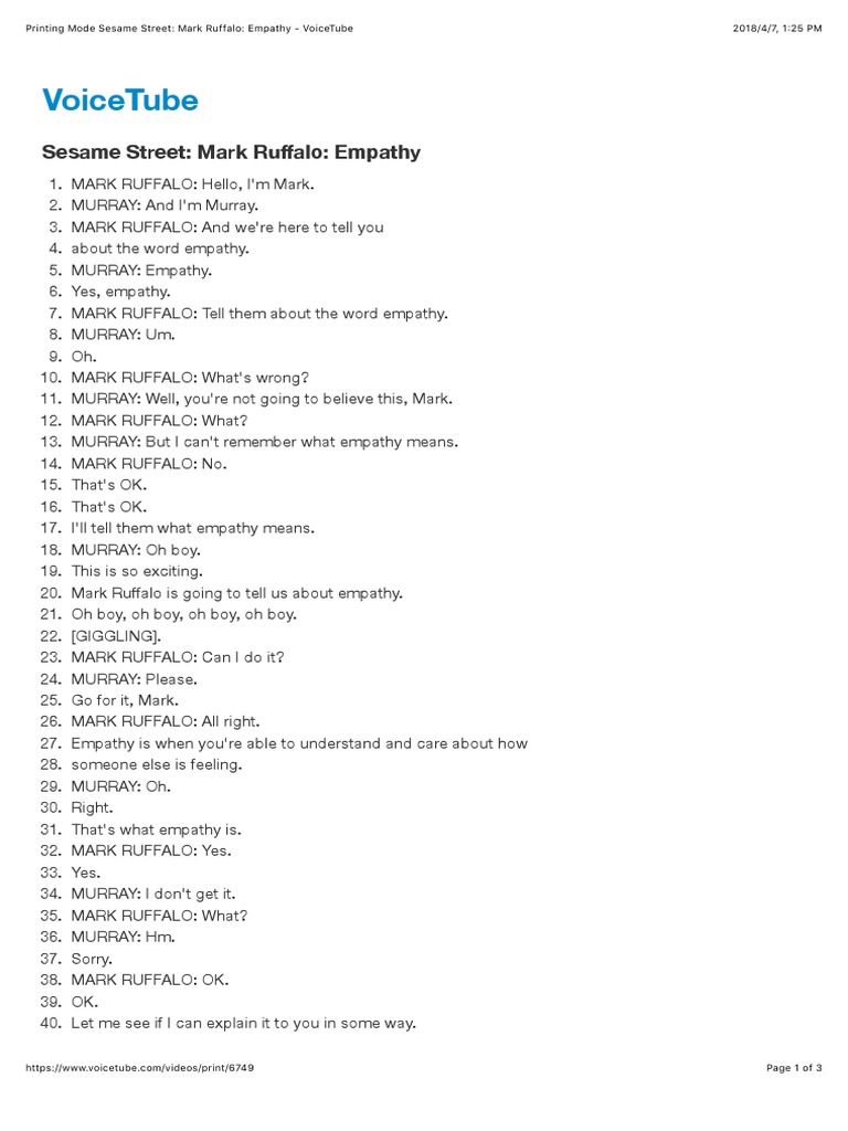 Voicetube: Sesame Street: Mark Ruffalo: Empathy | PDF