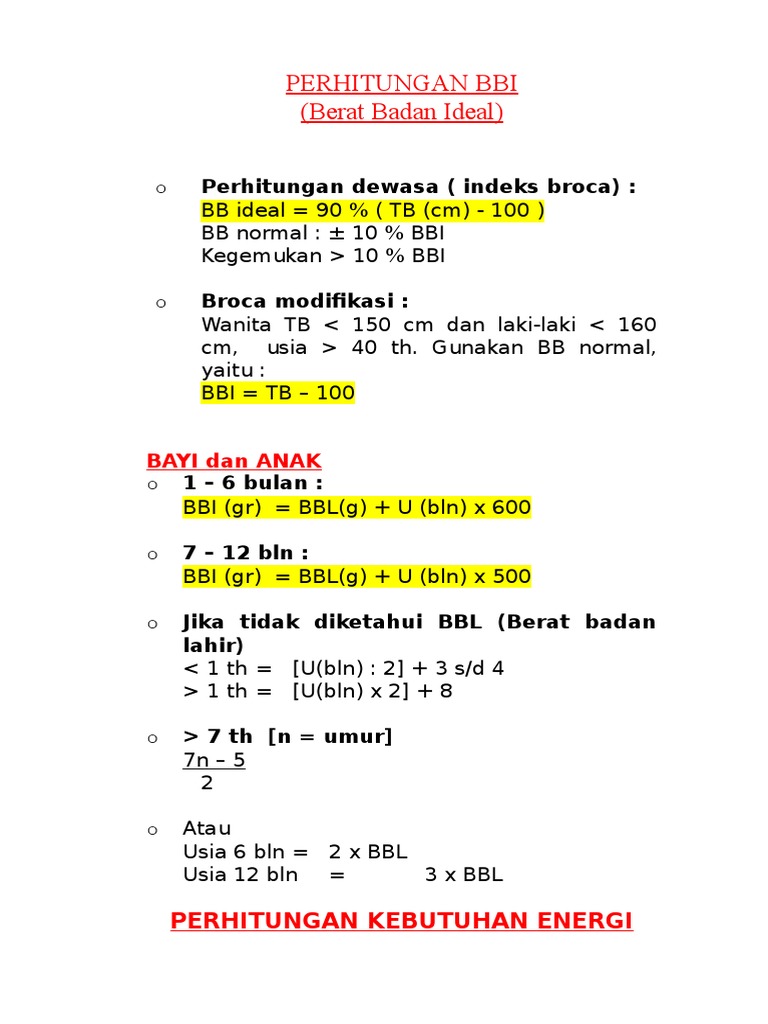 Perhitungan Bbi (Berat Badan Ideal) : Perhitungan Dewasa (Indeks Broca ...