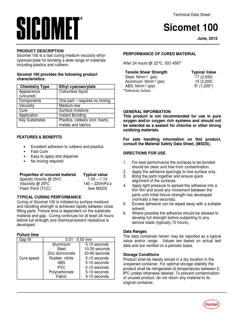 PTDS Sicomet 100 v2 190615 | PDF | Adhesive | Plastic