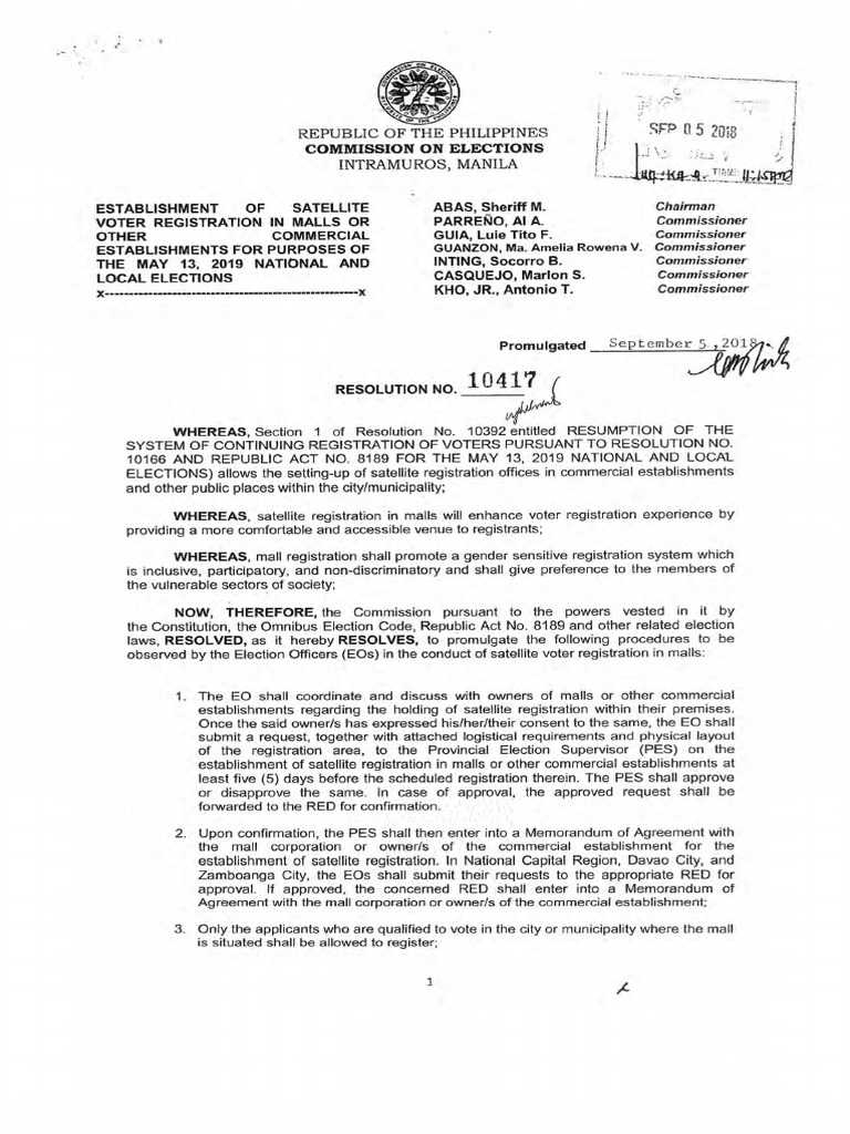 Comelec Resolution No 10417 Satellite Voter Registration in Malls | PDF ...