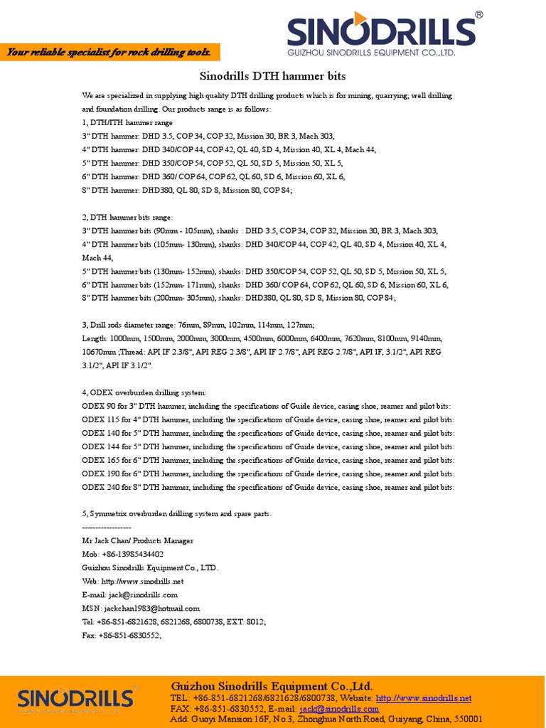 Sinodrills DTH Hammer Bits, DTH Hammer, DTH Bits, DTH Drill Rods, ODEX, Symmetirx | PDF ...