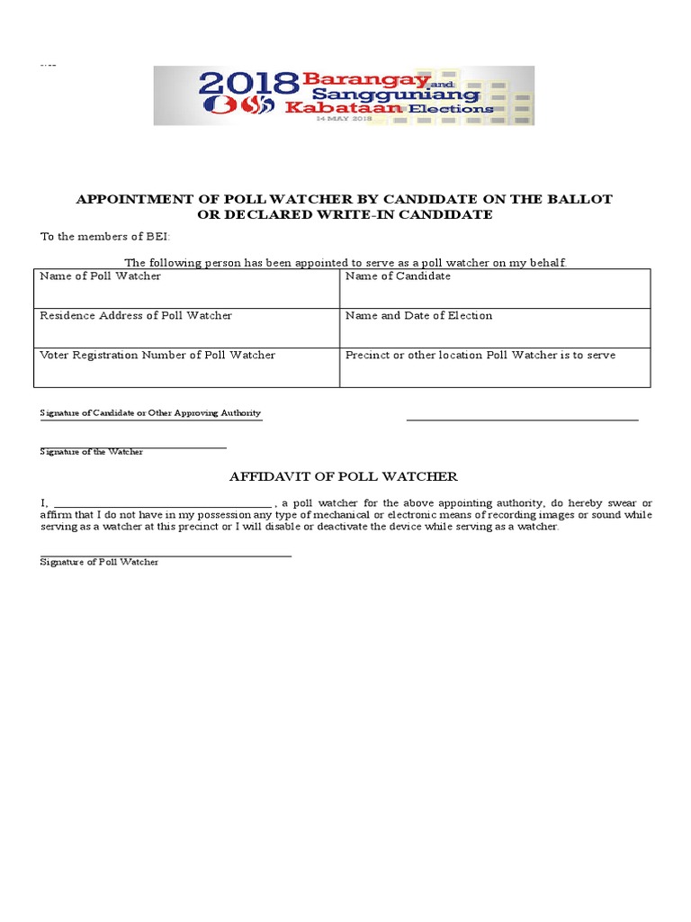 Appointment of Poll Watcher by Candidate On The Ballot or Declared ...