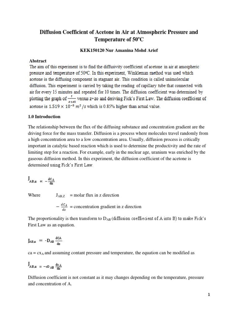 Diffusion Coefficient of Acetone Scarpt | PDF | Diffusion | Chemistry