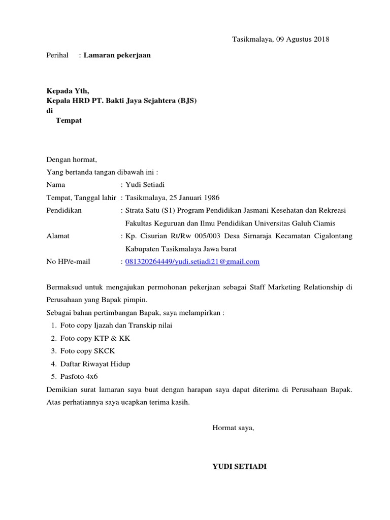 Kepada Yth, Kepala HRD PT. Bakti Jaya Sejahtera (BJS) Di Tempat | PDF