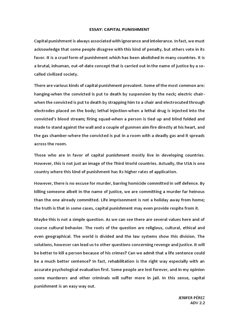 Essay Capital Punishment Jenifer | PDF | Capital Punishment | Electric ...