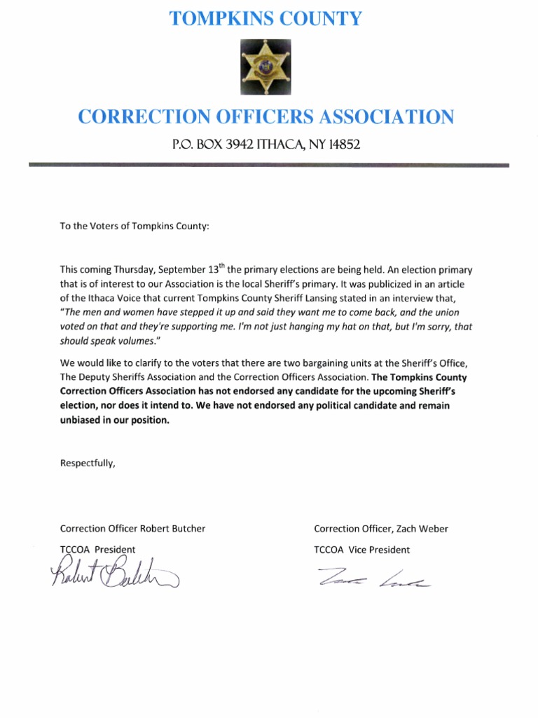 Letter from Tompkins County Corrections Officers Association