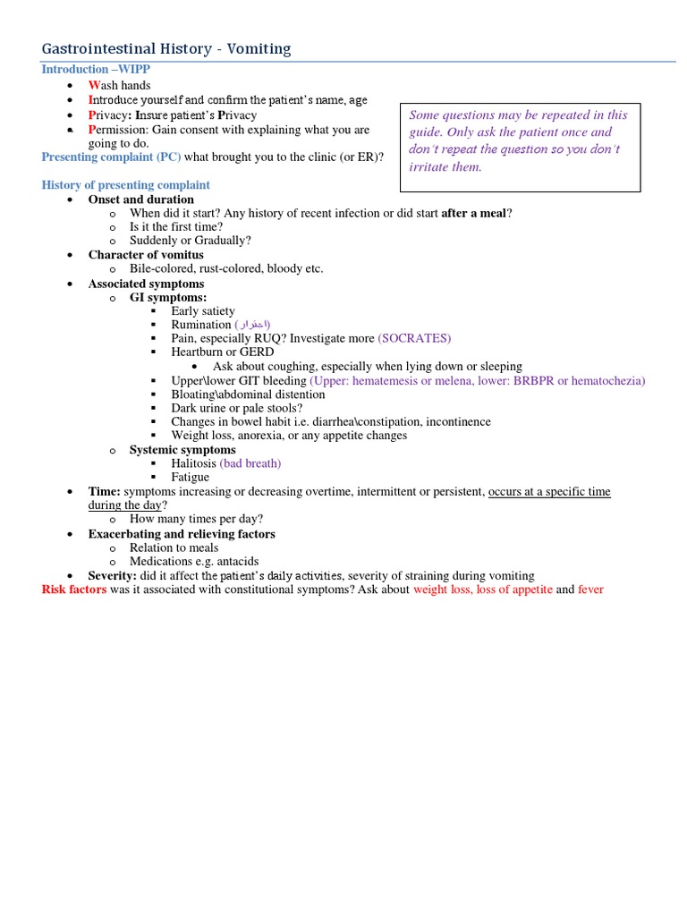 Vomiting History Taking Guide | PDF | Constipation | Hepatitis