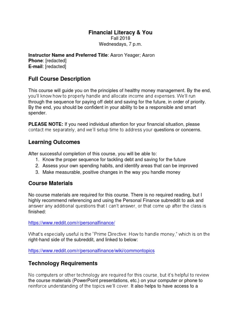 Financial Literacy and You Syllabus, Fall 2018 | PDF | Homework | Quiz