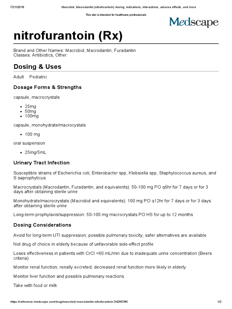 Macrobid, Macrodantin (Nitrofurantoin) Dosing, Indications ...
