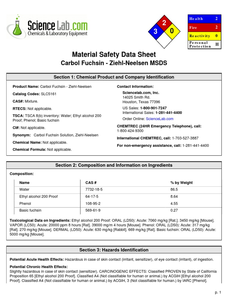 Msds Carbol Fuchsin | PDF | Chlorine | Silver