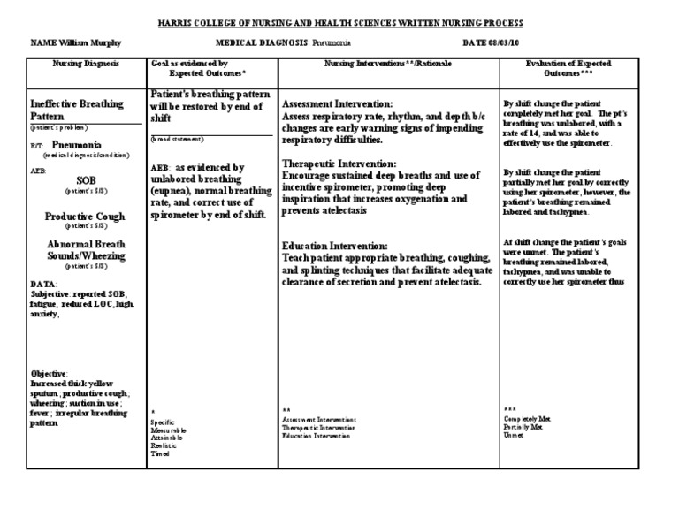 Pneumonia Care Plan Map Self Care Deficit & Activities Of Daily Living