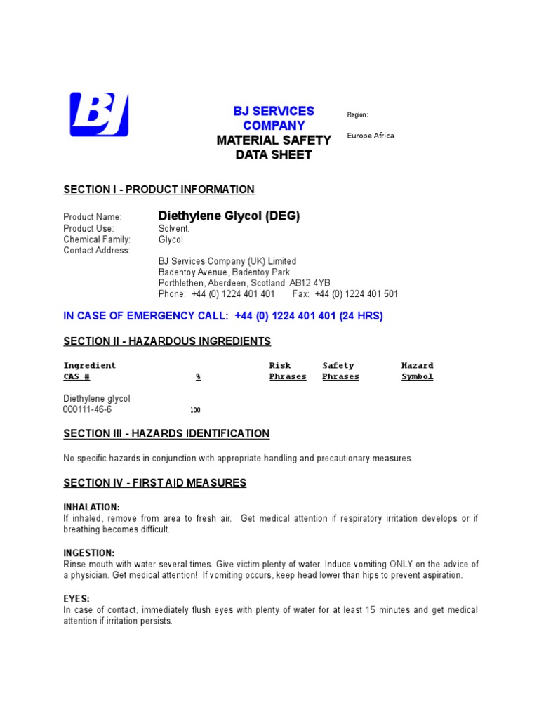 Material Safety Data Sheet: BJ Services Company | PDF | Firefighting | Dangerous Goods