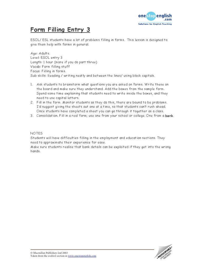 Form Filling Entry 3 Esol PDF | PDF | English As A Second Or Foreign ...
