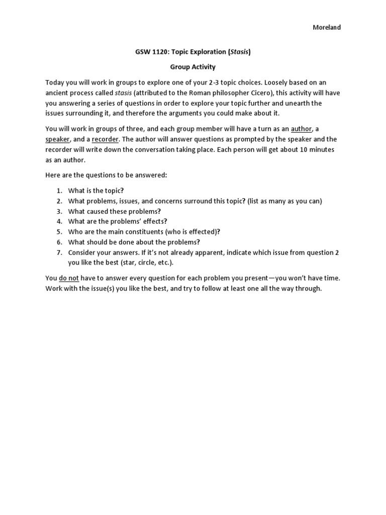 Stasis Group Activity for Topic Exploration | PDF | Critical Theory ...