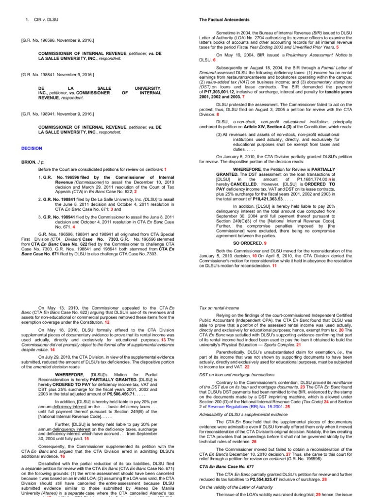 CTA v. ADMU | PDF | Taxation In The United States | Tax Exemption